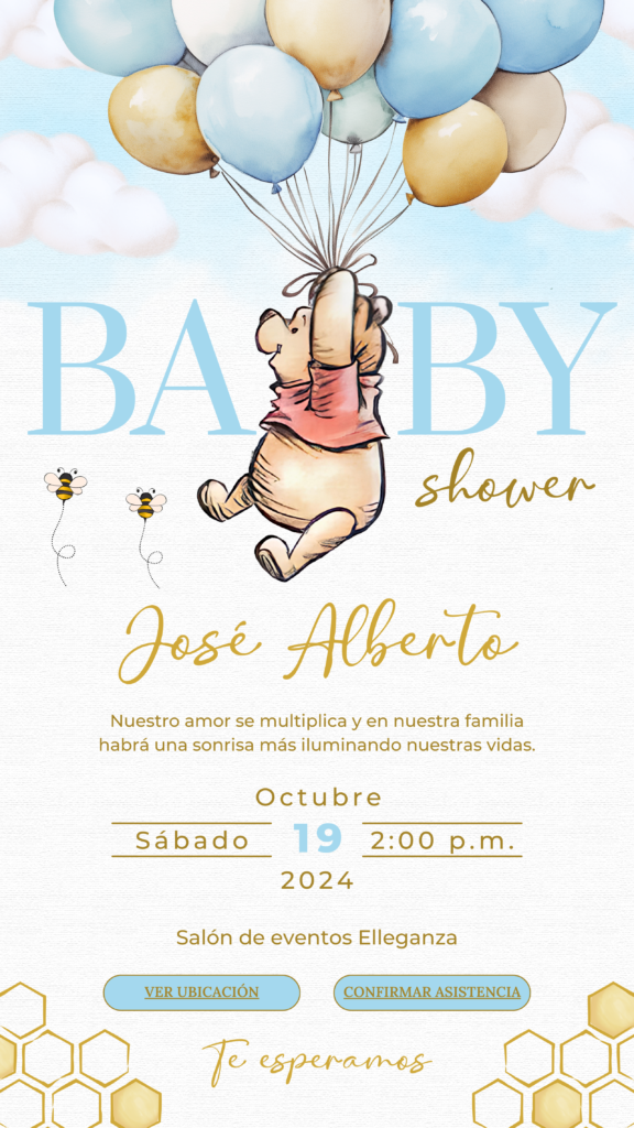 Invitación interactiva Baby Shower Winnie pooh globos azules y dorados ...